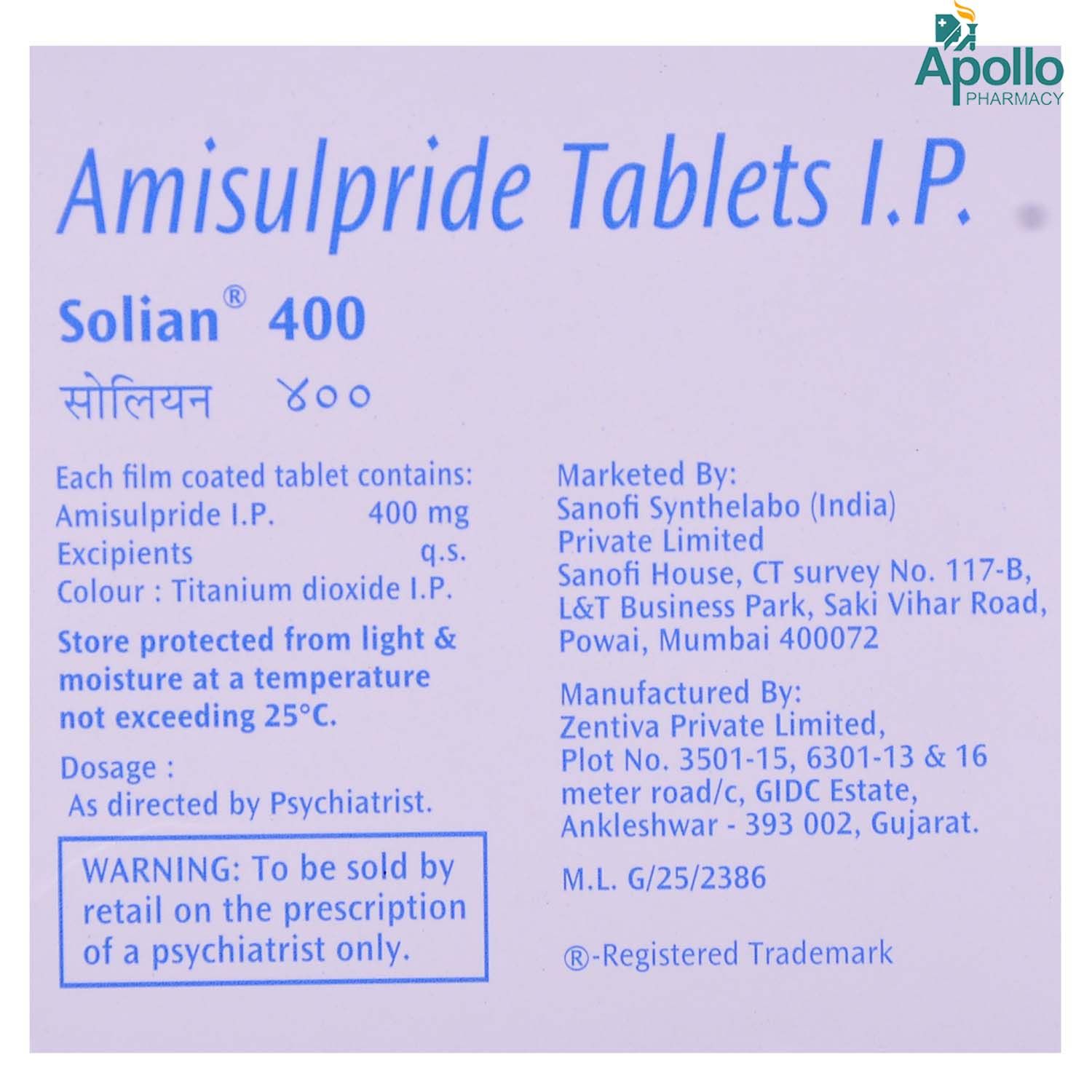 SOLIAN 400MG TABLET Price, Uses, Side Effects, Composition - Apollo ...