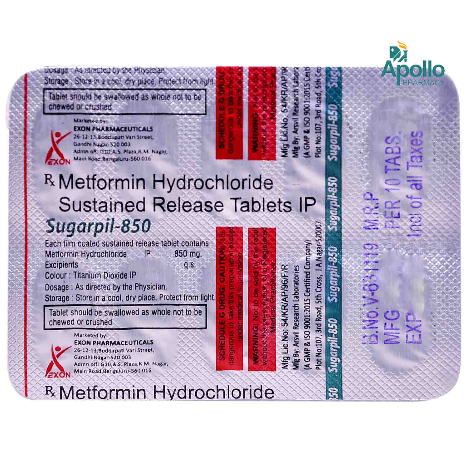 Sugarpil-850mg Sr Tablet 10's Price, Uses, Side Effects, Composition ...