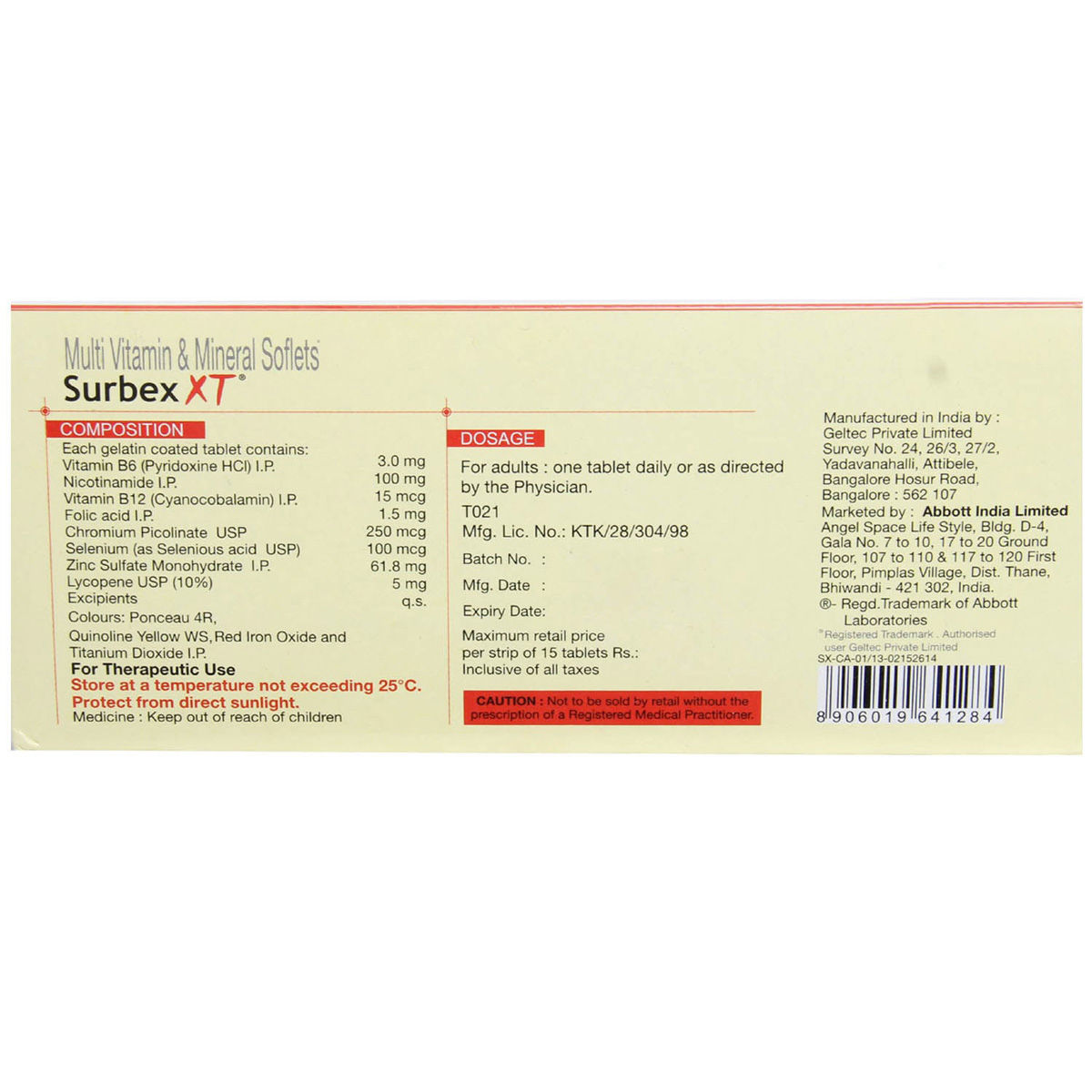 Surbex XT Tablet 15's Price, Uses, Side Effects, Composition - Apollo ...