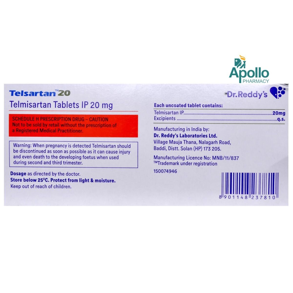 Telsartan 20 Tablet 14's Price, Uses, Side Effects, Composition ...