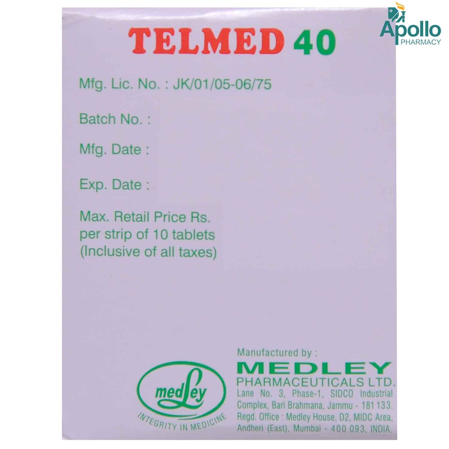 Telmed 40 Tablet 10's Price, Uses, Side Effects, Composition - Apollo ...