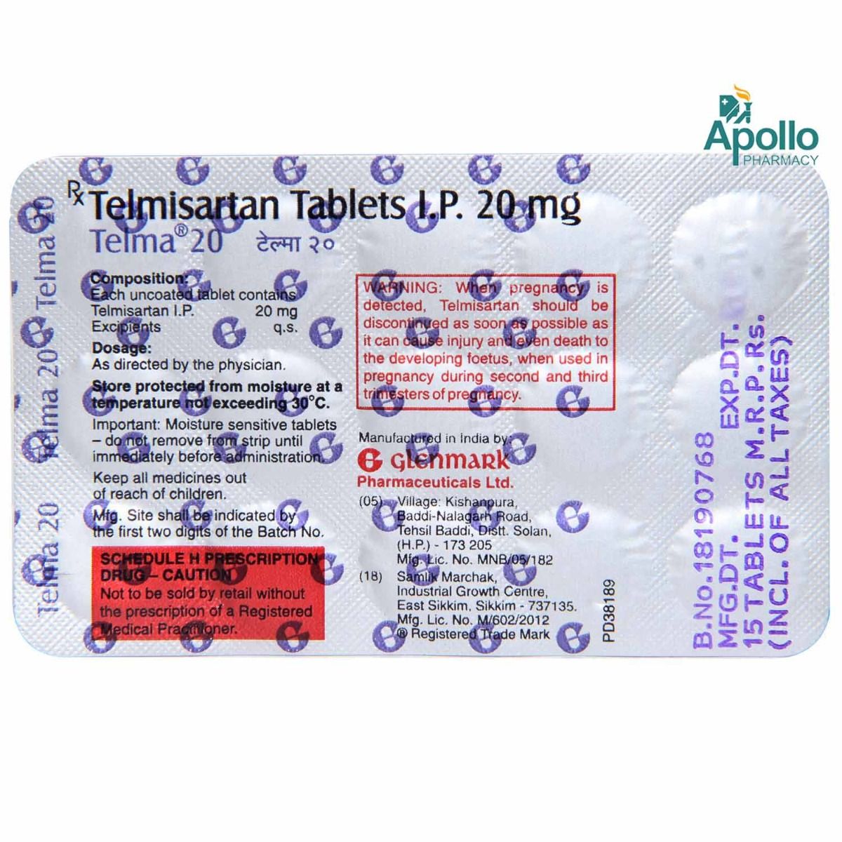 Telma 20 Tablet 15's Price, Uses, Side Effects, Composition - Apollo ...