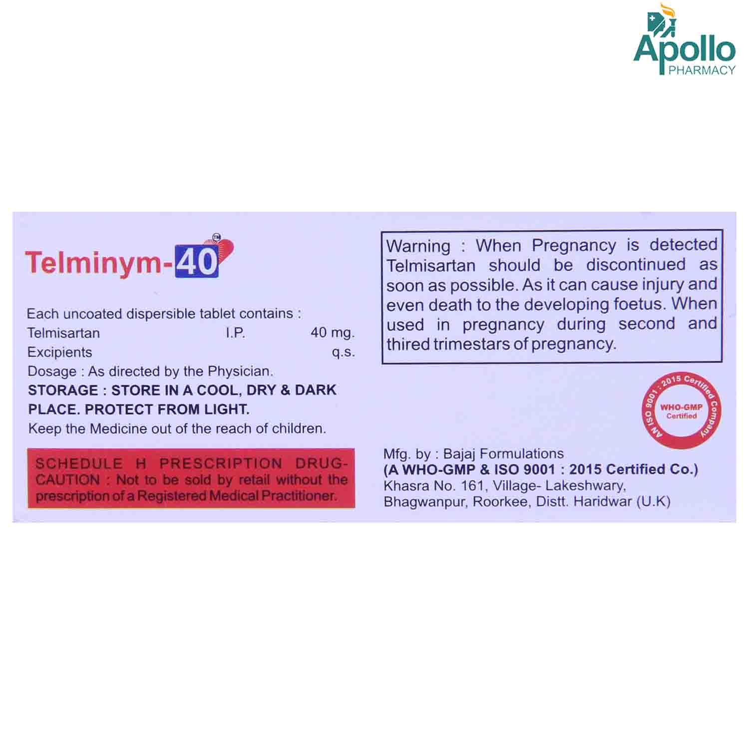 Telminym-40mg Dt Tablet 10's Price, Uses, Side Effects, Composition ...