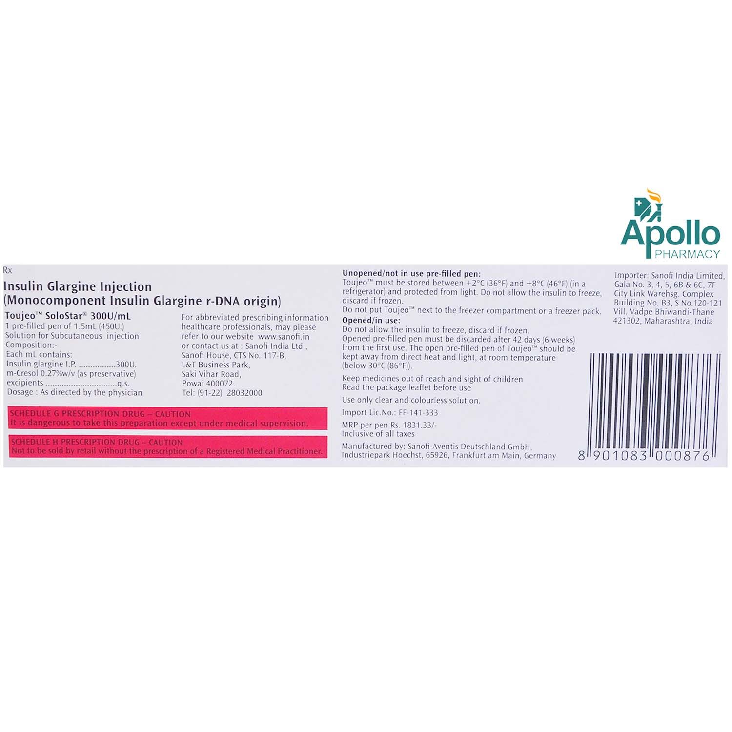 Toujeo 300U/ml Solostar Injection 1.5 ml Price, Uses, Side Effects ...