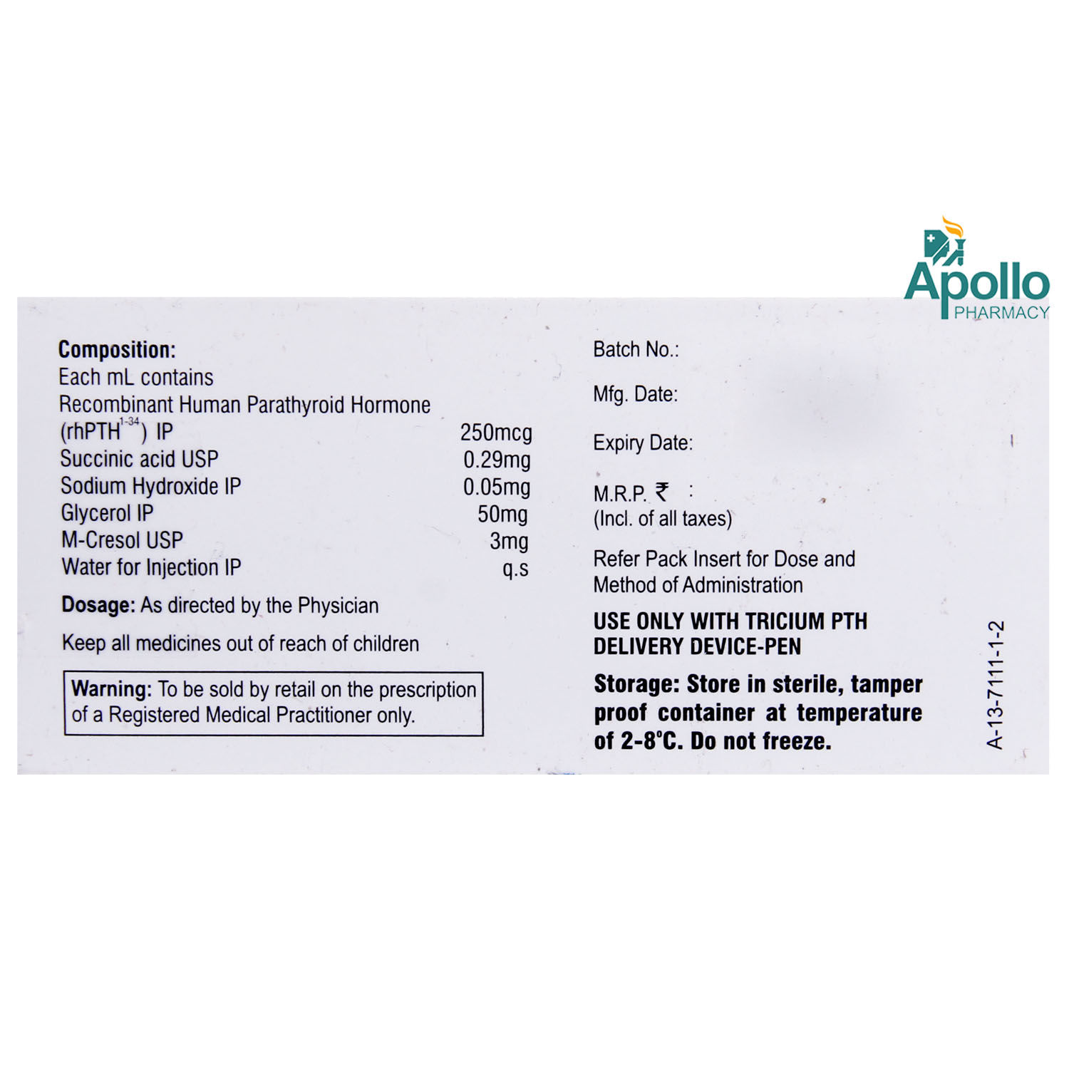 Tricium PTH 750mcg Injection 3 ml Price, Uses, Side Effects ...