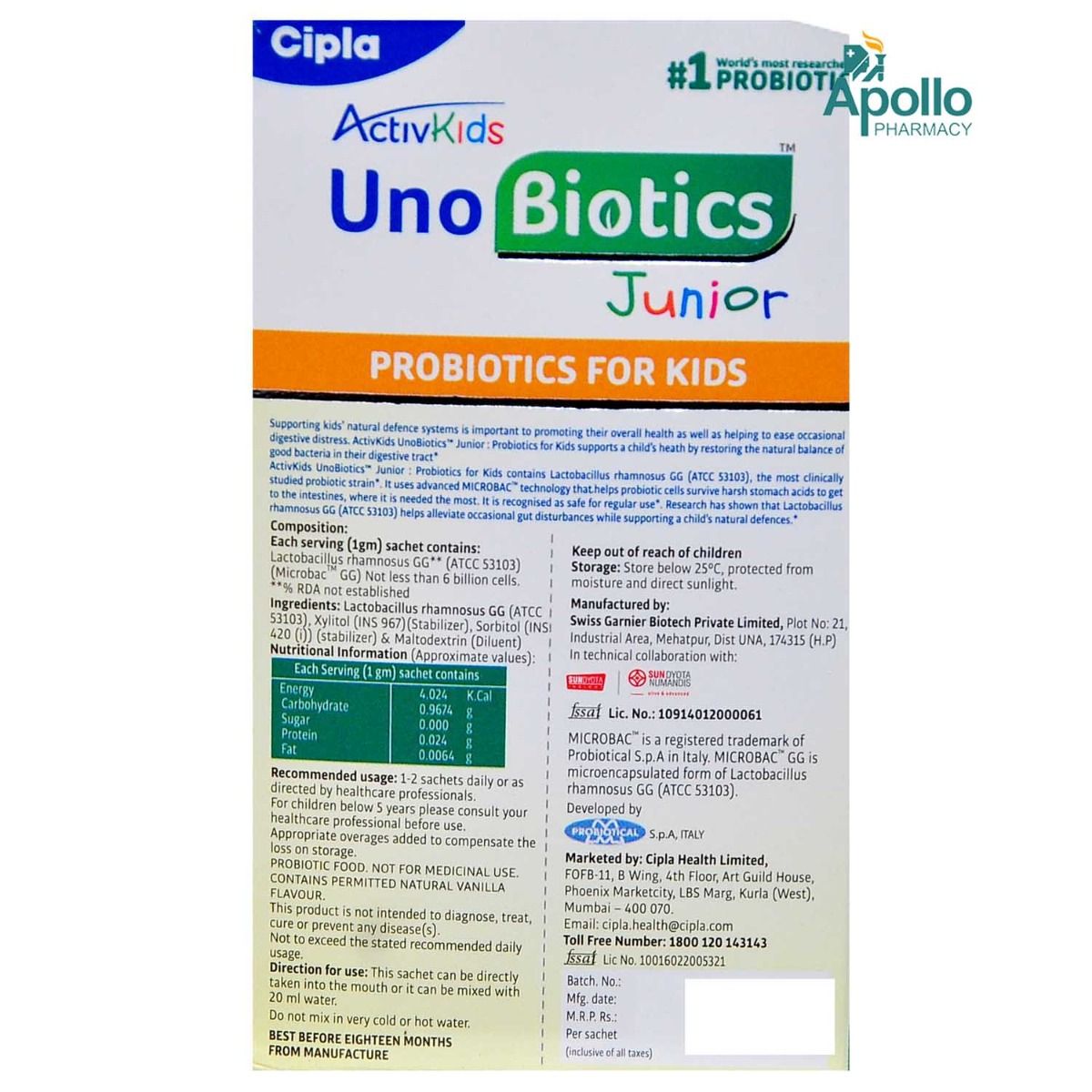 Activkids Unobiotics Junior Sugar Free Probiotics Sachet 1 gm Price ...