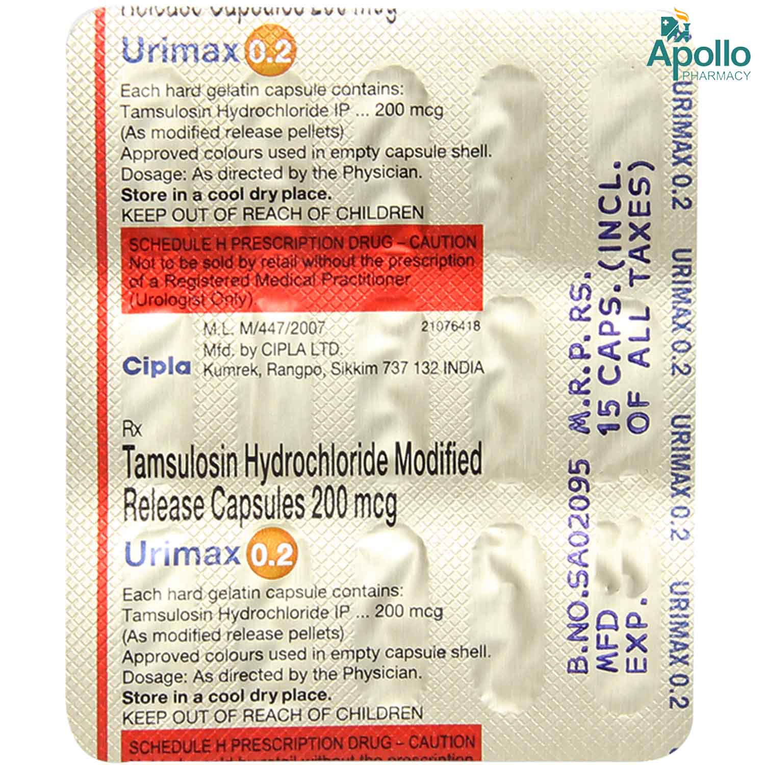 Urimax 0.2 Capsule 15's Price, Uses, Side Effects, Composition - Apollo ...