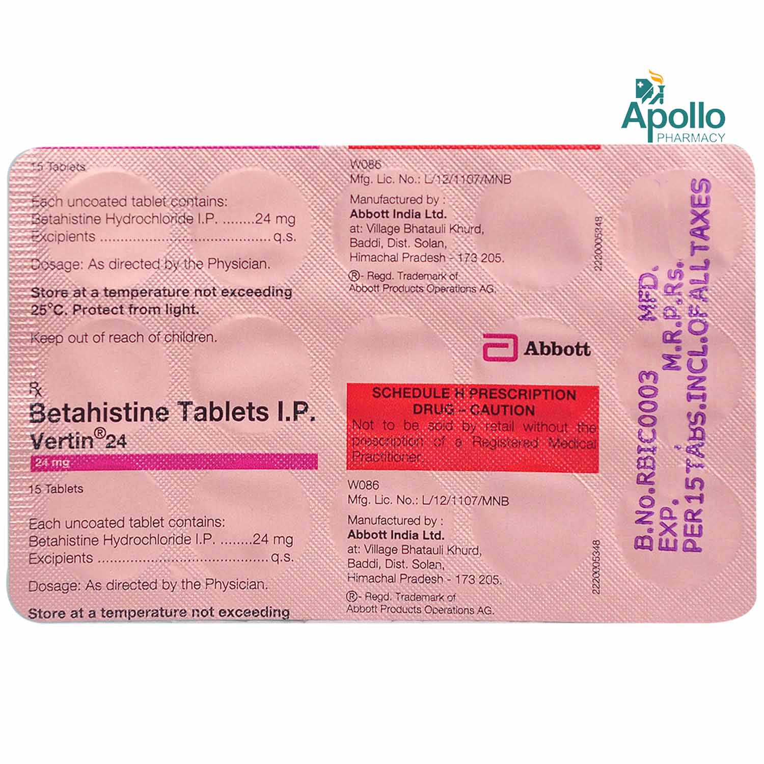 Vertin 24 Tablet 15's Price, Uses, Side Effects, Composition - Apollo ...