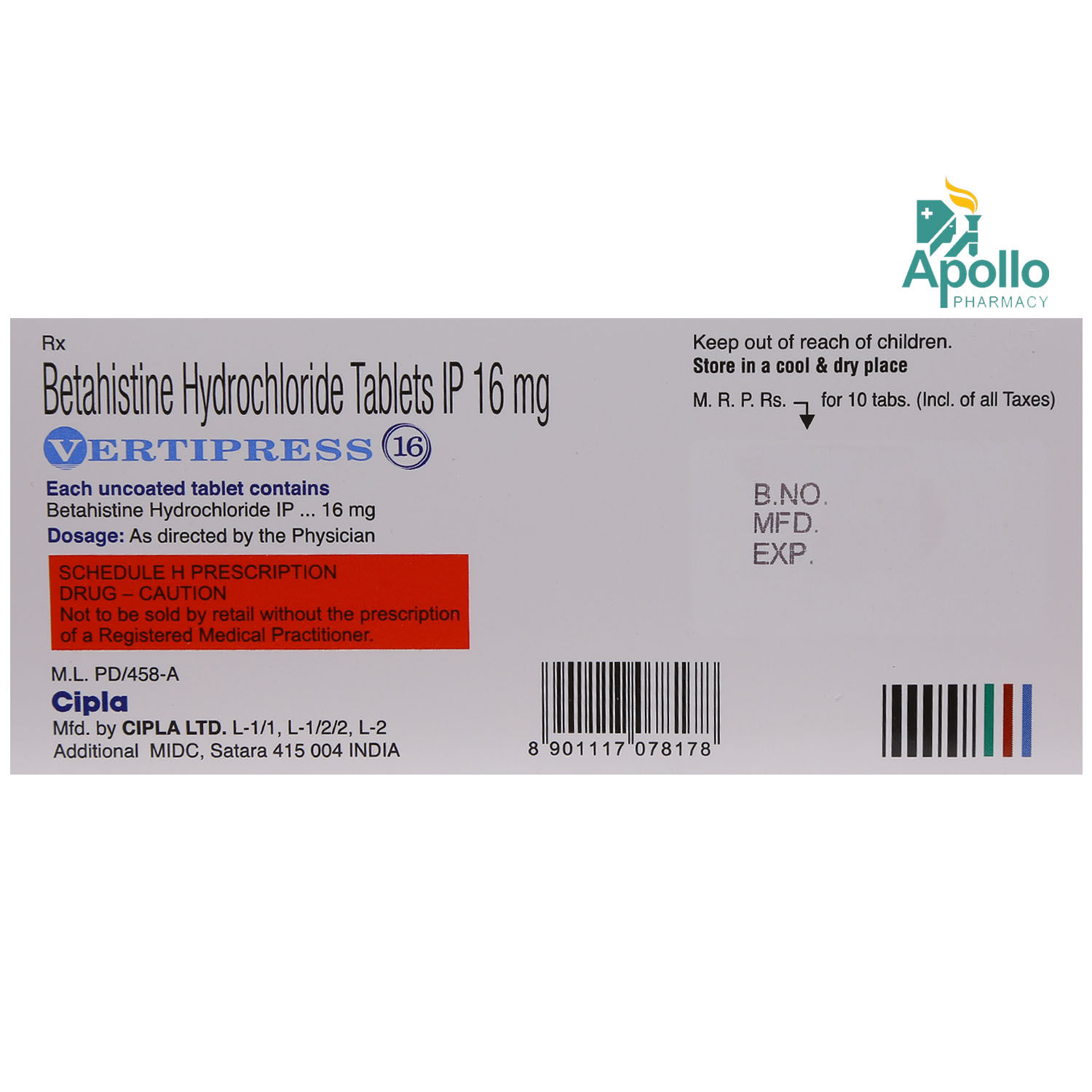 Vertipress 16 Tablet 10's Price, Uses, Side Effects, Composition ...