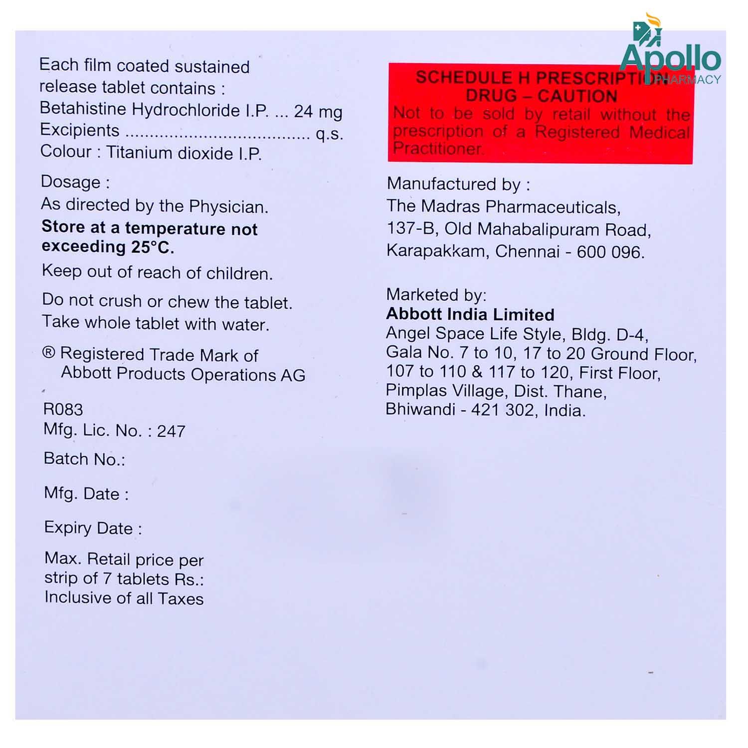 Vertin OD 24 Tablet 7's Price, Uses, Side Effects, Composition - Apollo ...