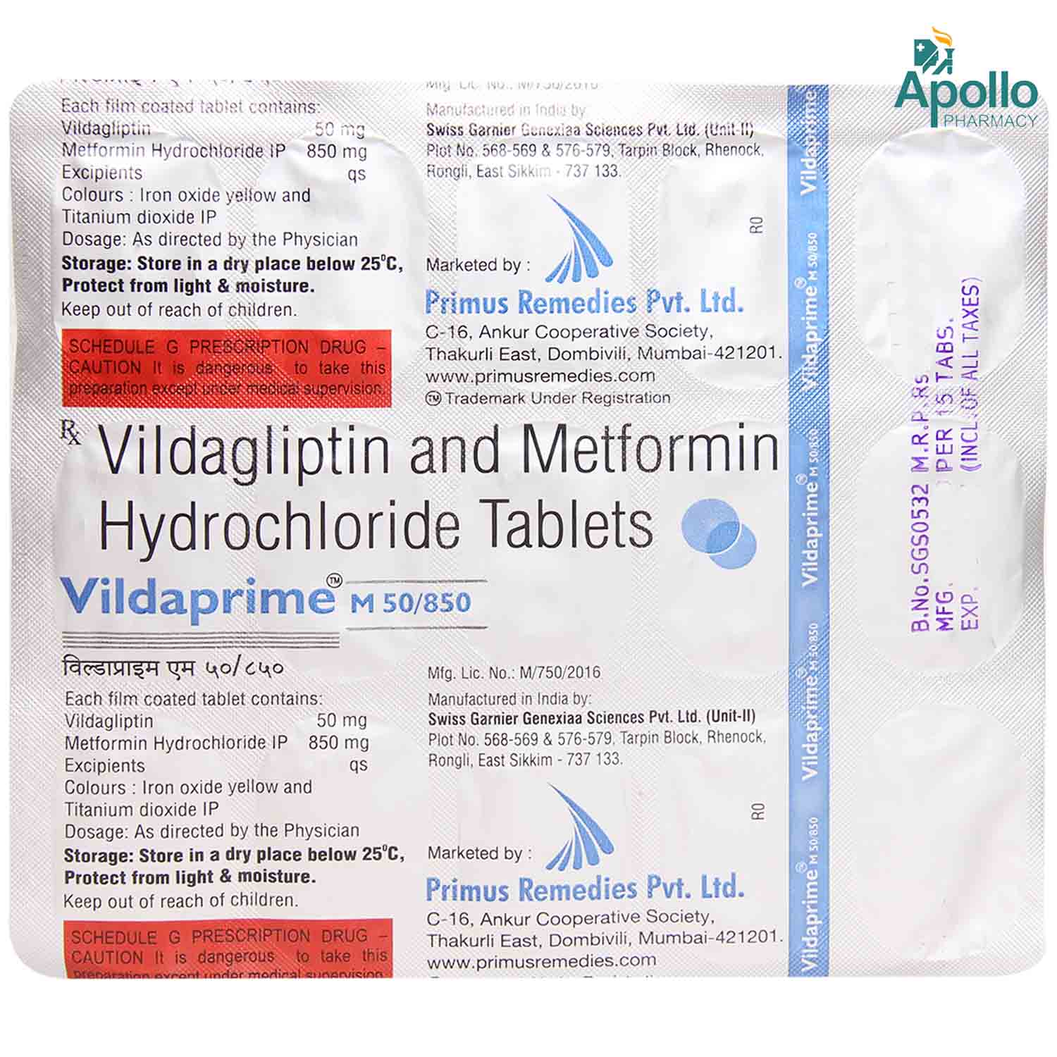 Vildaprime M 50/850mg Tablet 15's Price, Uses, Side Effects ...