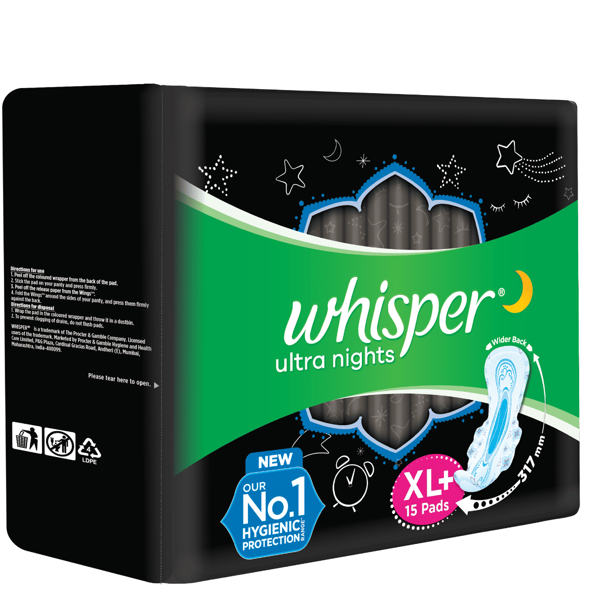 Whisper Ultra Nights Wings Sanitary Pads XL+, 15 Count Price, Uses ...