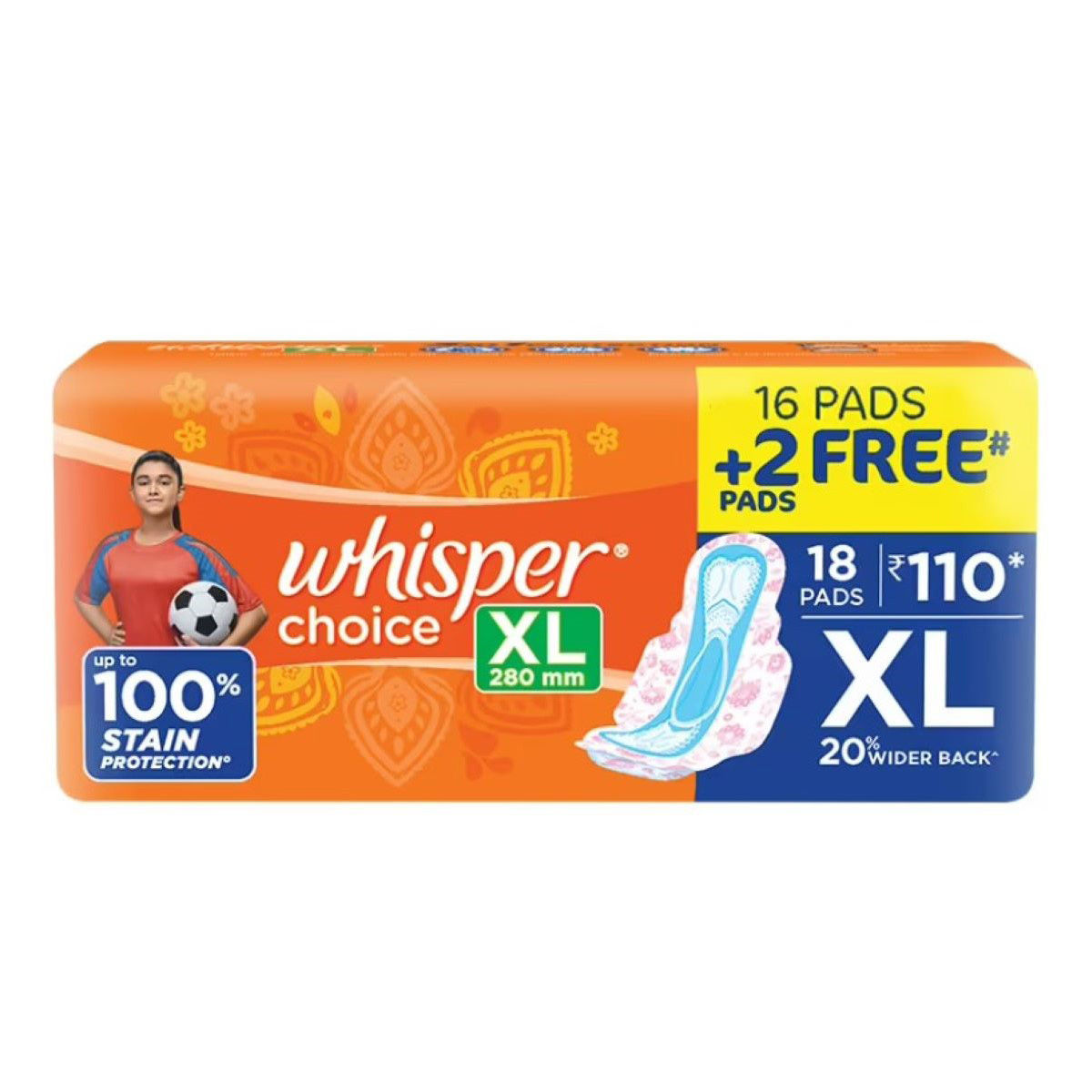 Whisper Choice Wings Sanitary Pads XL, 18 Count Price, Uses, Side ...