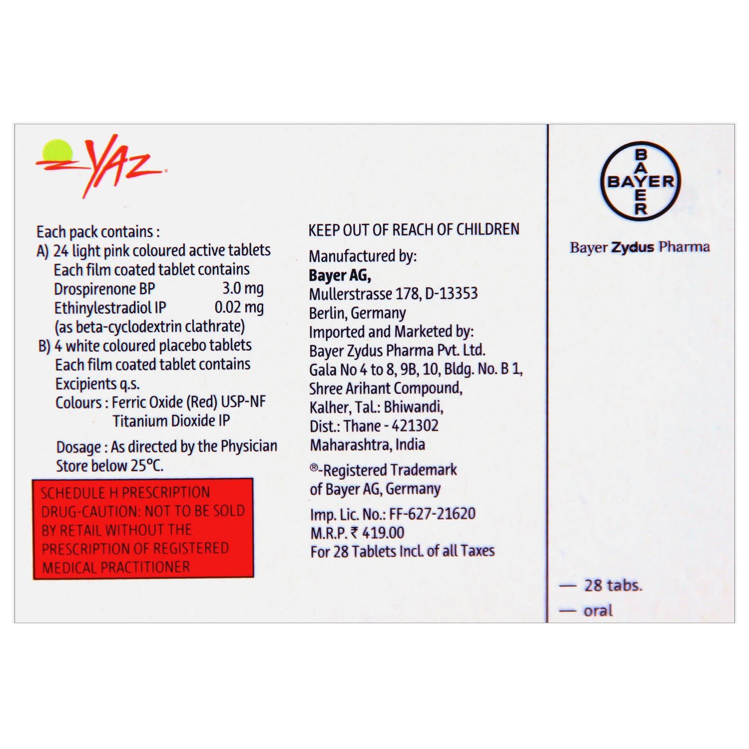 Yaz Tablet 28's Price, Uses, Side Effects, Composition - Apollo Pharmacy