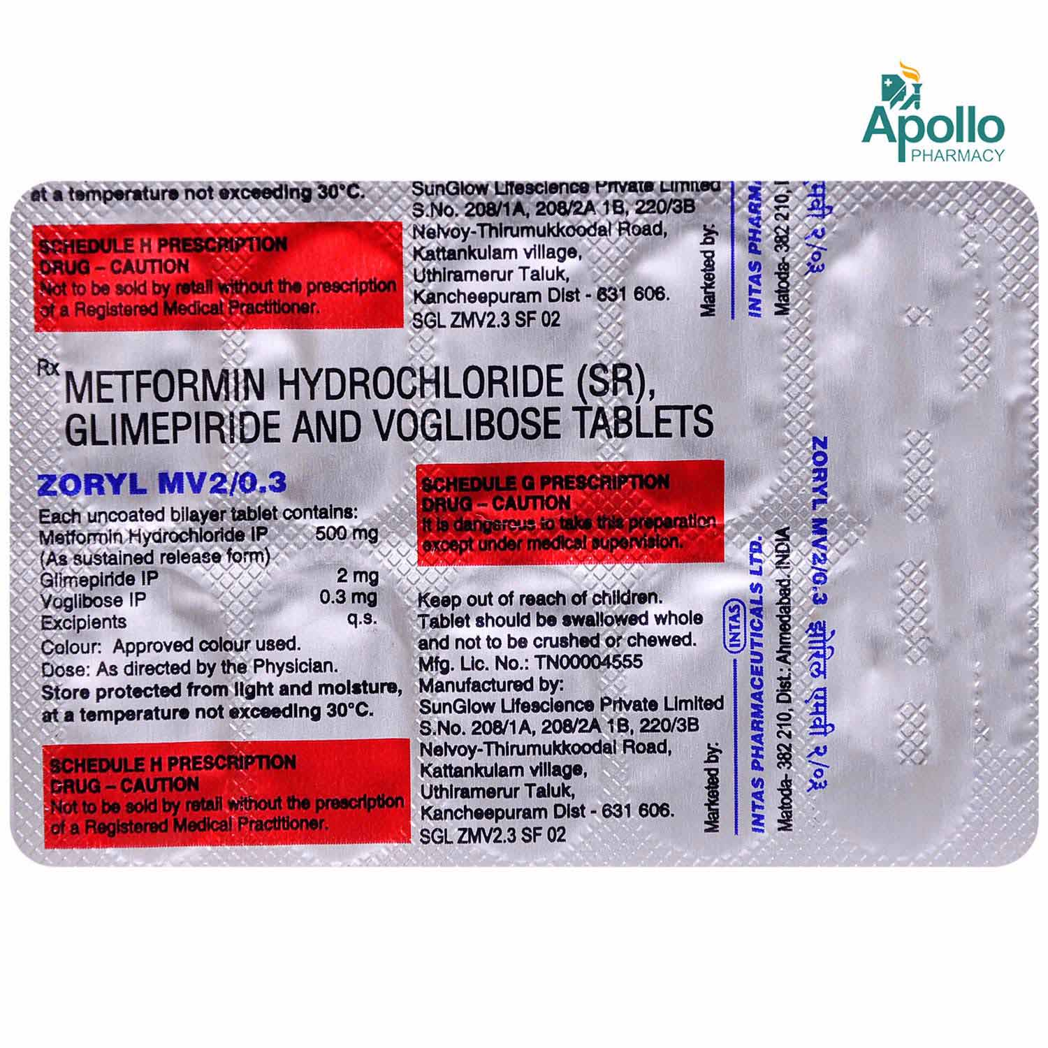 Zoryl MV 2/0.3 Tablet 10's Price, Uses, Side Effects, Composition - Apollo Pharmacy