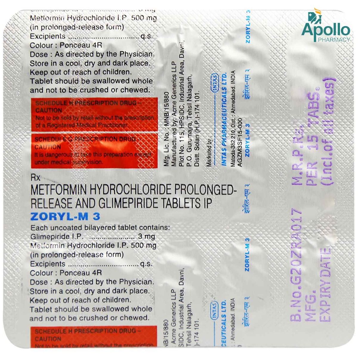 Zoryl-M 3/500mg Tablet 15s Price, Uses, Side Effects, Composition ...