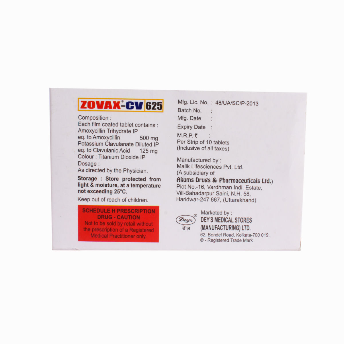 Zovax-Cv 625mg Tablet 10's Price, Uses, Side Effects, Composition ...